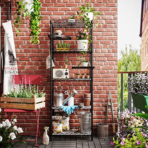 LINSY HOME 5-Tier Storage Shelves with 2 Rotatable Shelves, Height Adjustable Metal Pantry Shelves with 5 Hooks and Shelf Liners, Heavy Duty Metal Shelving, Wire Shelving for Kitchen, Bathroom -Dark