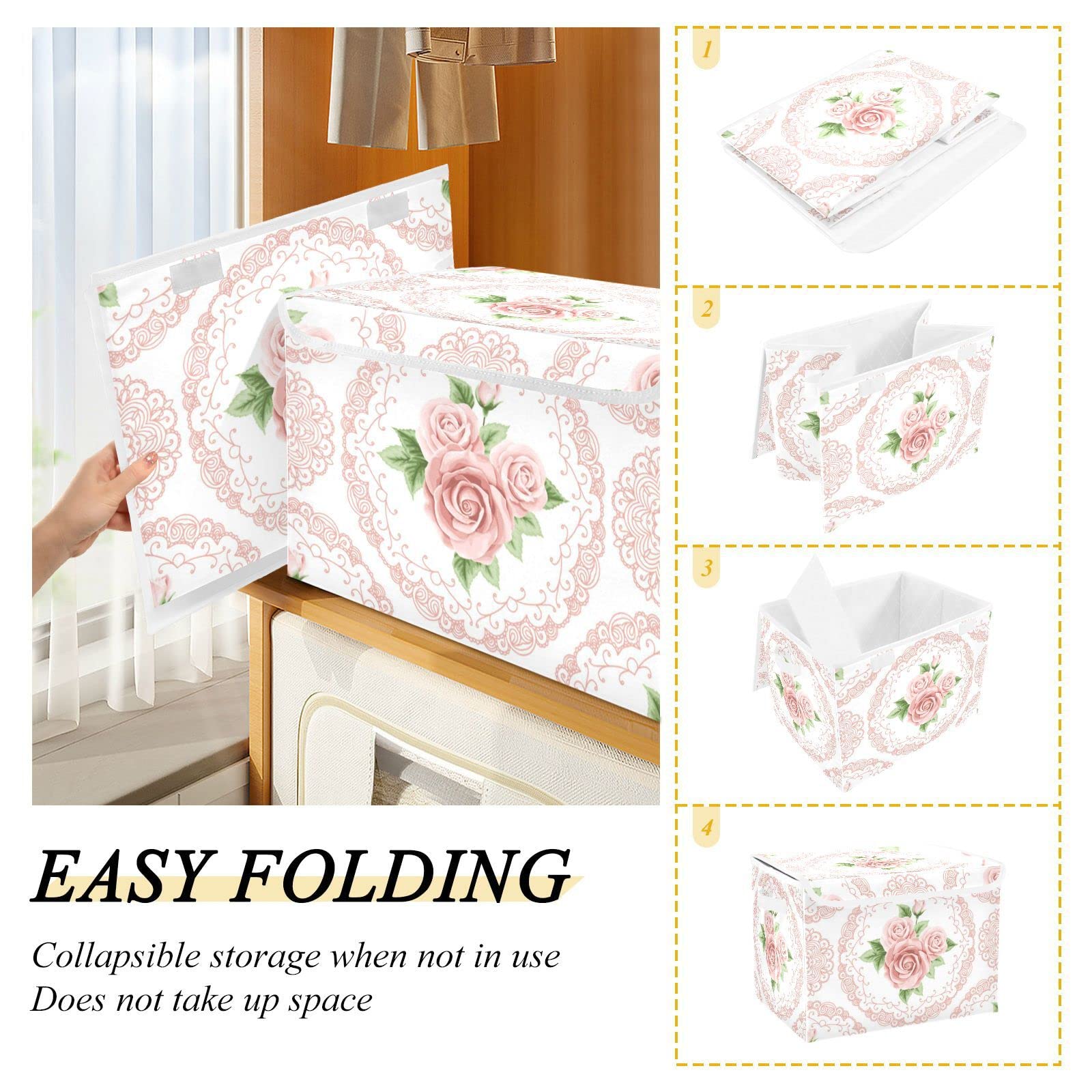 SUABO Pink Rose Storage Bin with Lid Large Oxford Cloth Storage Boxes Foldable Home Cube Baskets Closet Organizers for Nursery Bedroom Office
