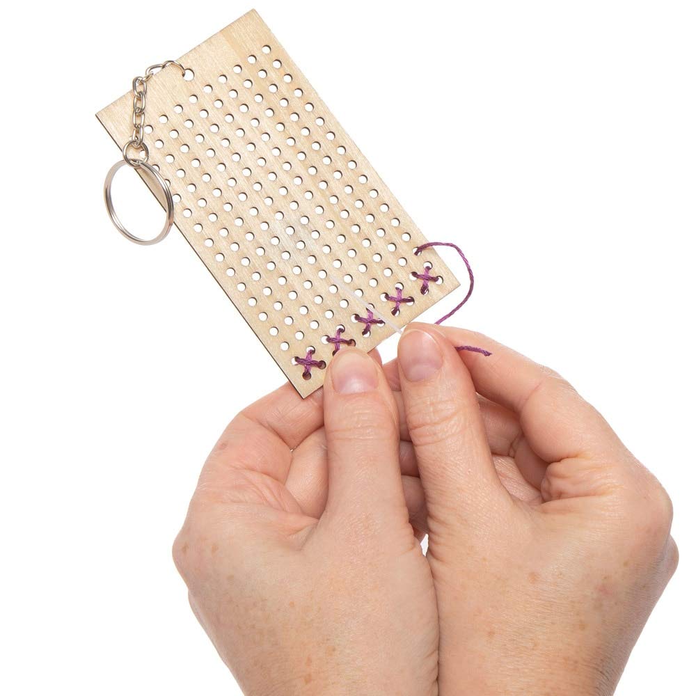 Baker Ross AT805 Wooden Keyring Cross Stitch Kits - Pack of 5, Arts and Crafts for Kids