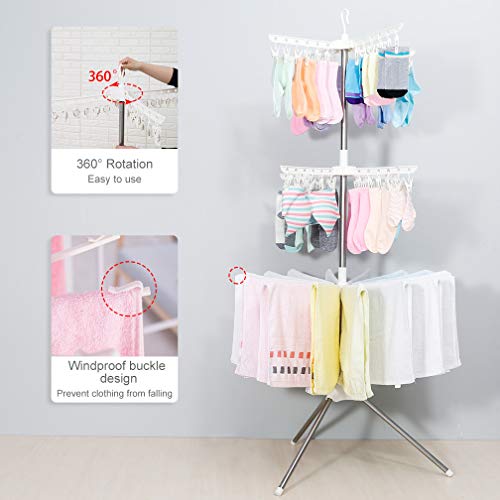 Hershii 3 Tiers Collapsible Clothes Drying Rack Folding Tripod Laundry Garment Storage Hanger Organizer Indoor Outdoor Space Saver with 48 Clips & 16 Towels Bars - Ivory