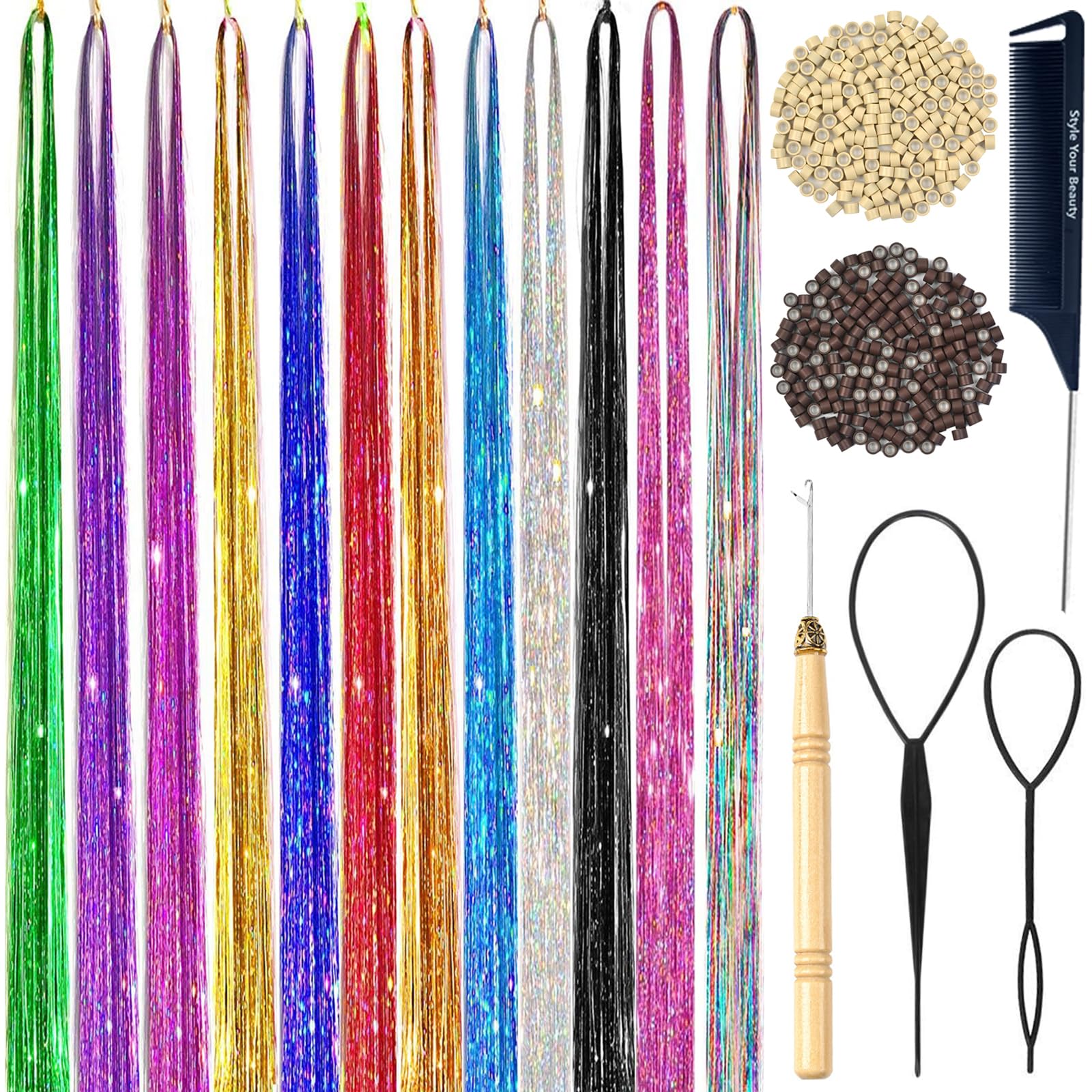 Hair Tinsel Kit 12 Colors 48 Inch 3600 Strands Hair Tinsel Strands Kit With Tools, Fairy Hair Tinsel Heat Resistant Safe Hair Glitter Tinsel Hair Extensions (12Colors, 3600 Strands)