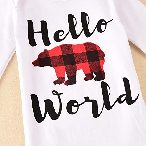 Newborn Baby Boy Winter Clothes Hello World Letter Print Baby Bear Outfits Buffalo Plaid Pants Hat Christmas 3PCS Sets (Hello World, Preemie)