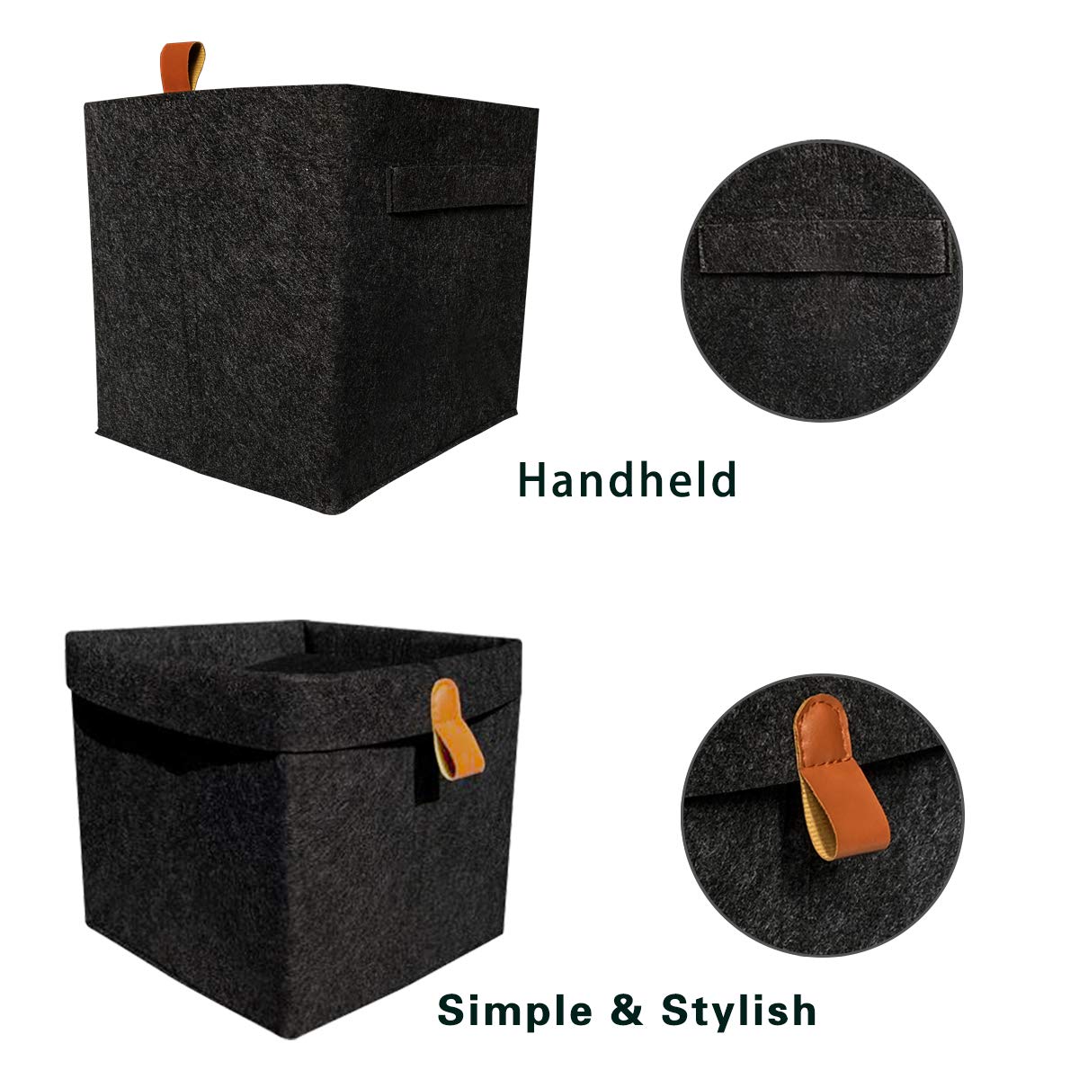FADDA Felt storage basket, Fabric Cloth Storage Bin Collapsible Organizer Basket with Handle for Cloth Toys Foldable Cloth Bin for Bedroom Playroom Office (Dark Gray)