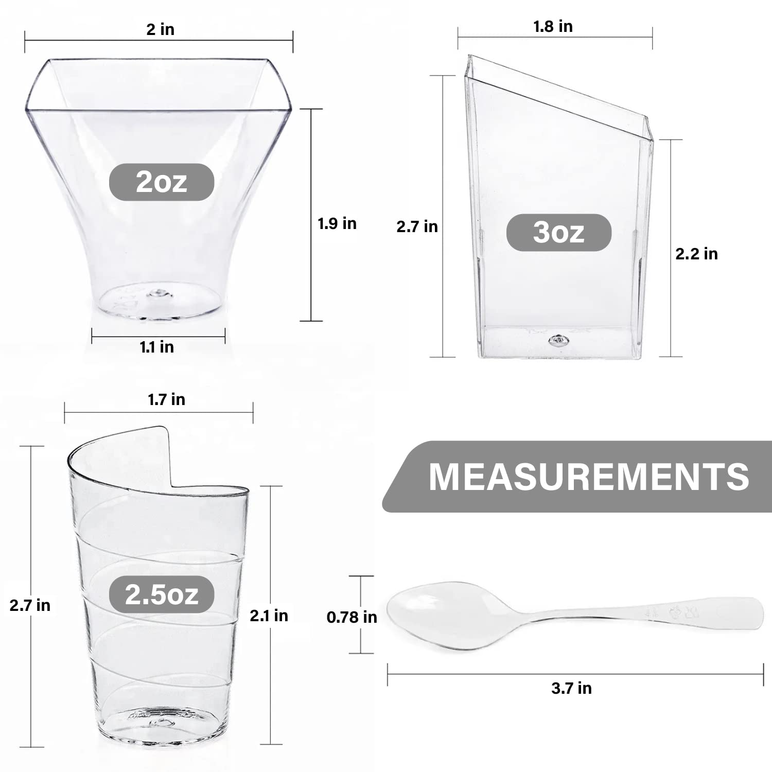 60 pack dessert cups of 3 oz, 2.5 oz and 2 oz. 3 varieties in size and shape also 20 of each shape perfect for appetizer, dessert and serving parties, plus FREE 60 spoons