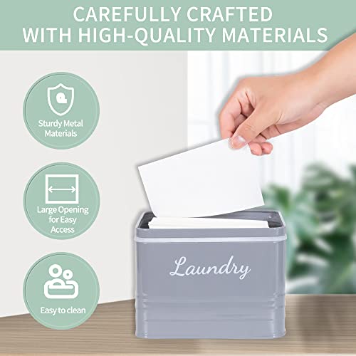 Candco Laundry Dryer Sheets Holder with Lid, Farmhouse Metal Laundry Room Organization, Fabric Softener Dispenser for Laundry Room Decor, Space Saving and Storage (Grey)