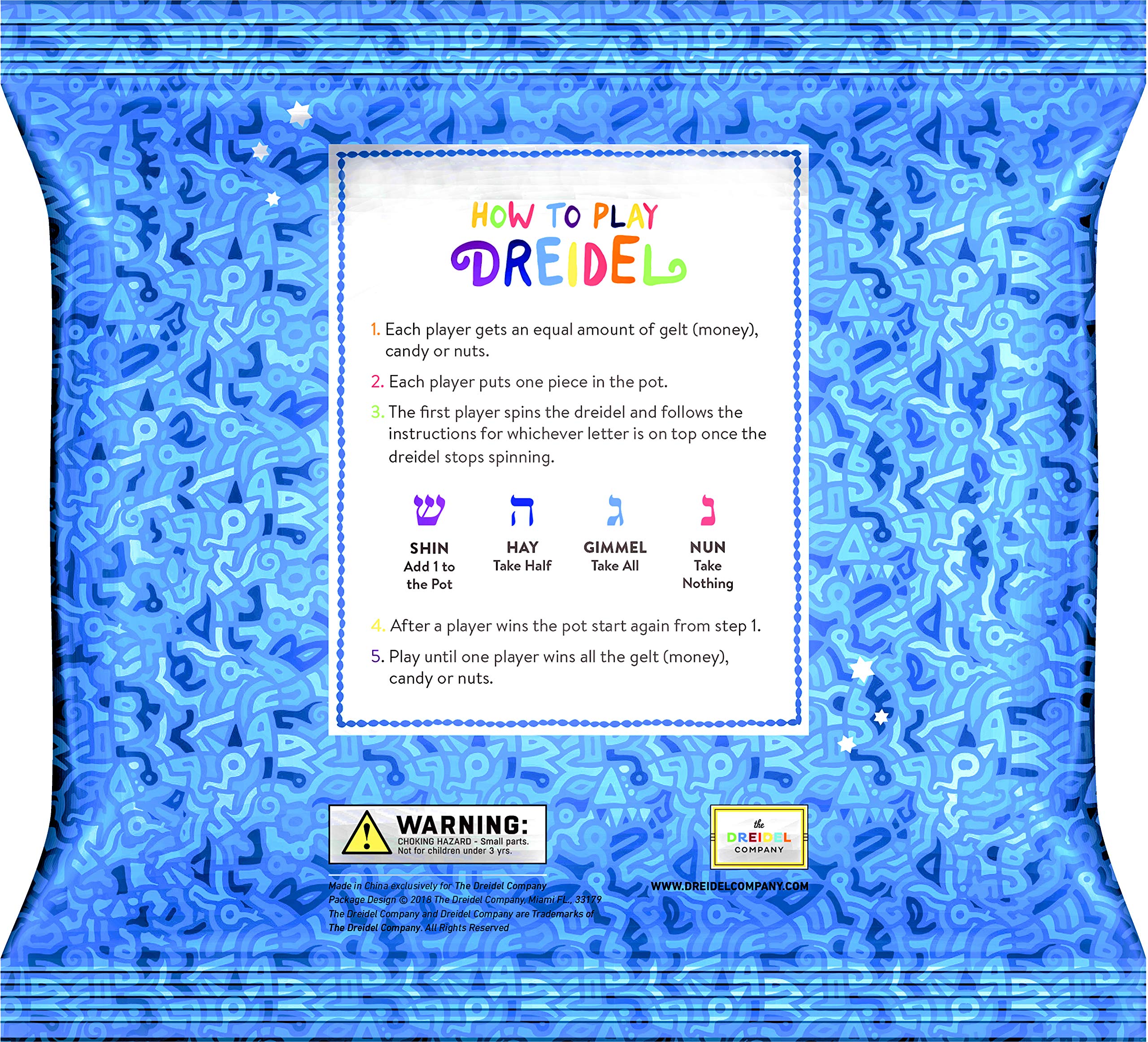 The Dreidel Company Extra Large Blue & White Hand Painted Wooden Hanukkah Dreidels - Includes Game Instruction Cards- (10-Pack XL)