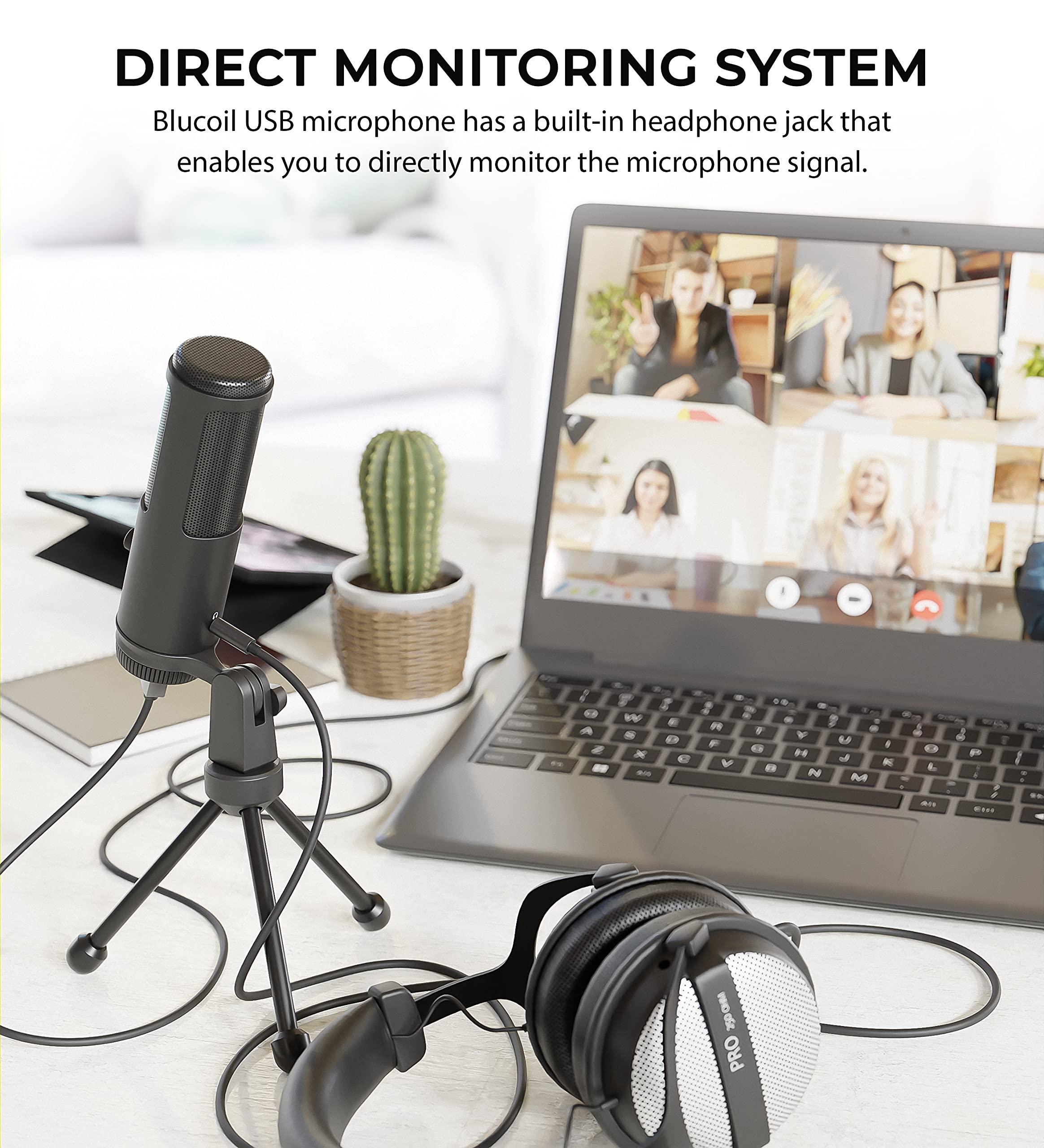 Blucoil USB Cardioid Condenser Microphone with 3.5mm Headphone Jack, Volume Control, Mute Button, and Tripod - Compatible with Mac, Windows, Linux, Chrome, Zoom, Google Meet, Microsoft Teams, and more
