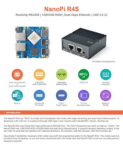 Nanopi R4S Mini Portable Travel Router OpenWRT with Dual-Gbps Ethernet Ports 4GB LPDDR4 Based in RK3399 Soc for IOT NAS Smart Home Gateway