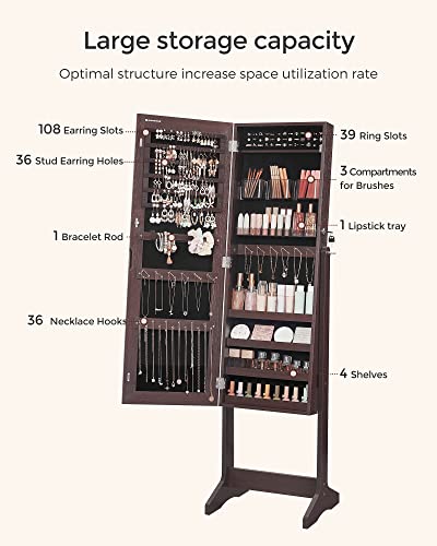 SONGMICS Jewelry Cabinet Armoire, Freestanding Lockable Storage Organizer Unit with 2 Plastic Cosmetic Storage, Full-Length Frameless Mirror, for Necklace Earring, Brown UJJC002K01
