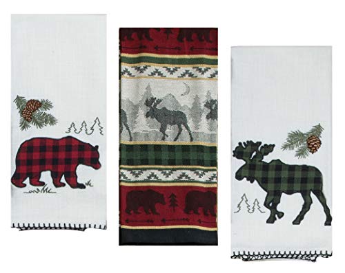3 Cabin Lodge Themed Decorative Cotton Kitchen Towels Set with Bear and Moose Print | 2 Applique Tea Towels and 1 Jacquard Tea Towel for Dish and Hand Drying | by Kay Dee Designs