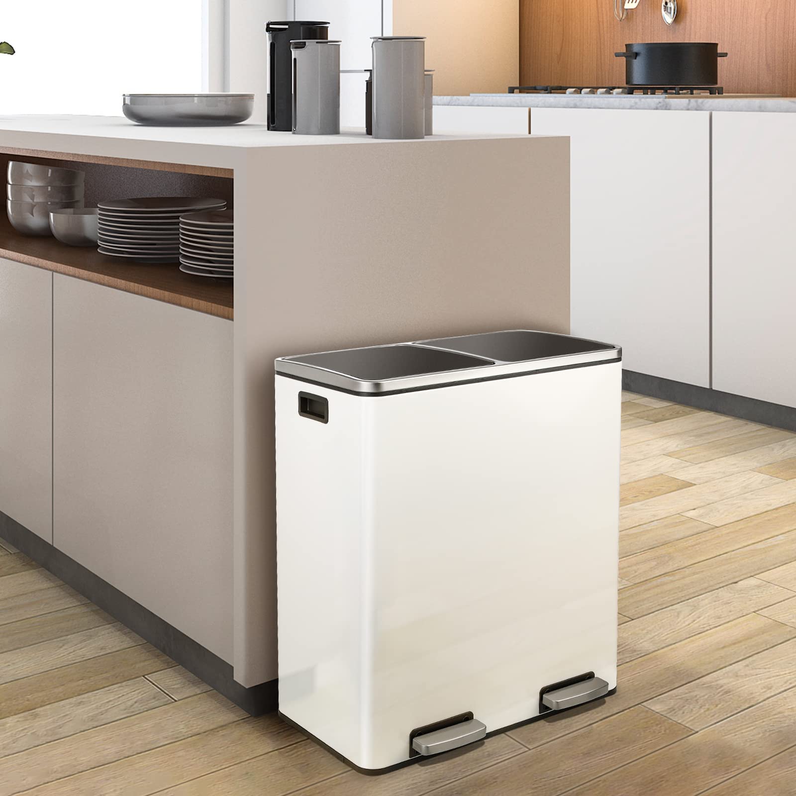 AthLike 60L(16 Gal) Dual Trash Can, Stainless Steel Kitchen Garbage Can, Double Compartment Classified Rubbish Bin, Recycle Dustbin w/Plastic Inner Buckets, Handle, Soft-Close Lid, Airtight
