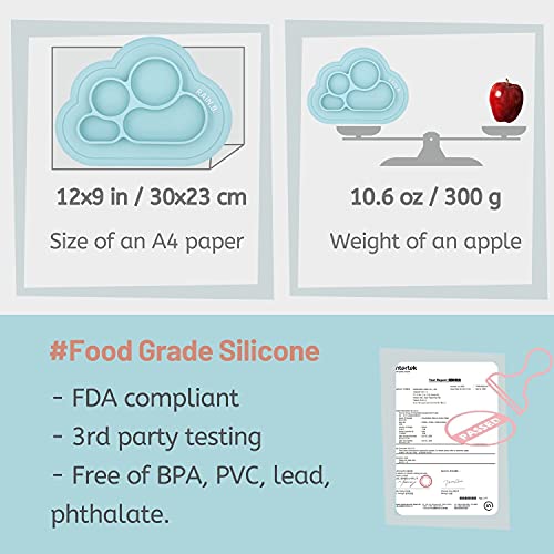 RAiN.B. CloudieMate Silicone Suction Plate with Built-in Placemat for Babies & Toddlers, Microwave Dishwasher Safe, Non-Slip Divided Plate with 4 Sections, BPA Free Food Grade Silicone /Glacier Blue
