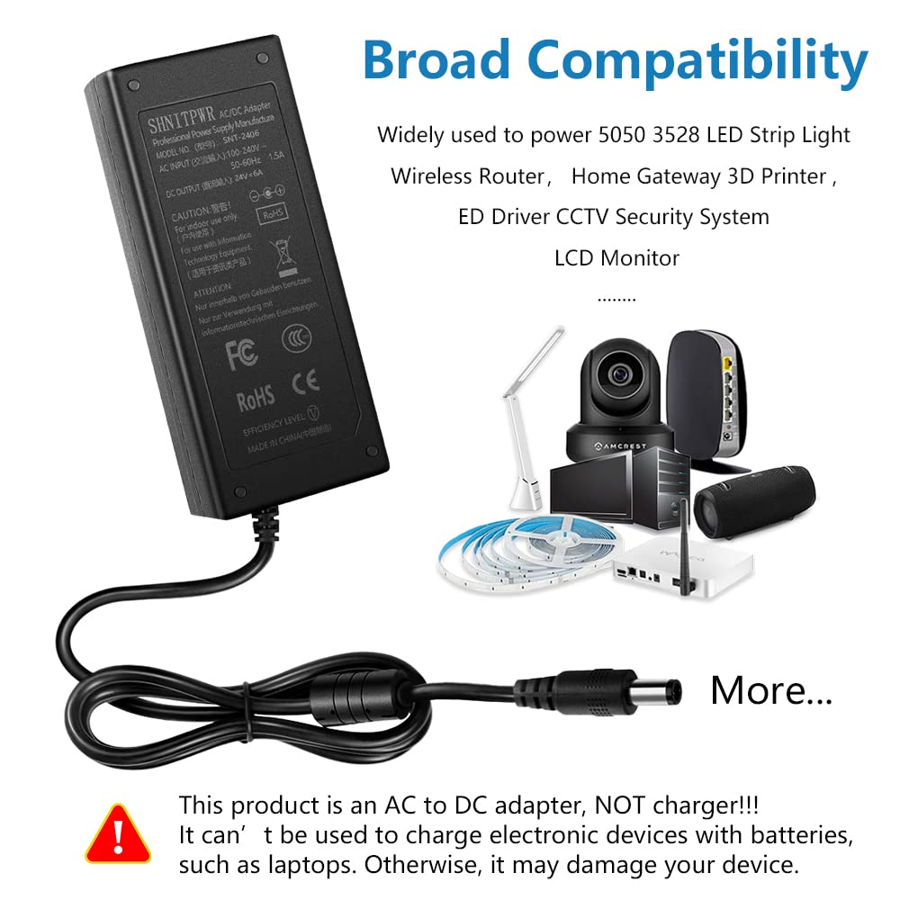 SHNITPWR 24V Power Supply 6A 144W AC/DC Adapter 100V~240V AC to DC Converter 24volt 6amp 5.5A 5A 4A 3A Transformer with 5.5x2.5mm Tip for 5050 3528 LED Strip Light 3D Printer CCTV Camera LCD Monitor
