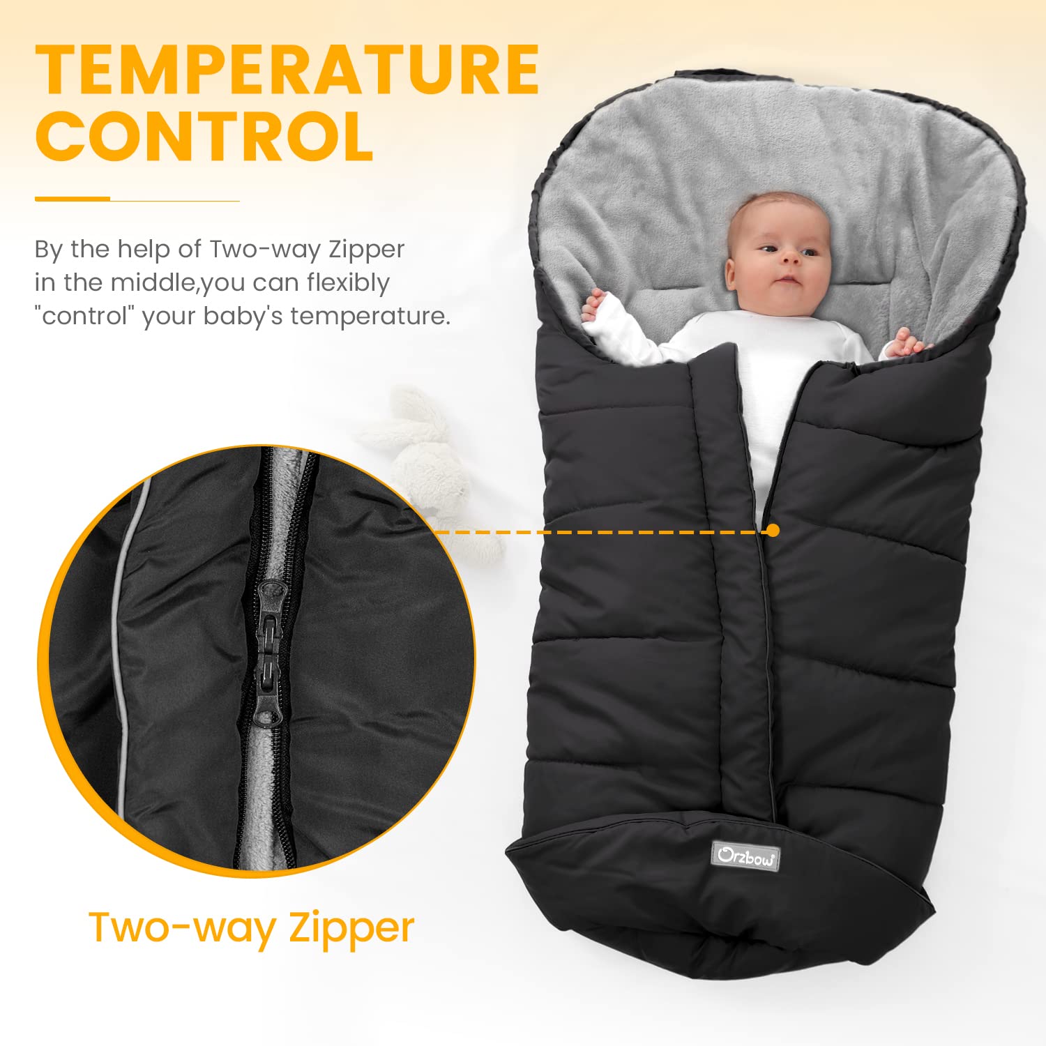 Orzbow Warm Bunting Bag Universal,Stroller Sleeping Bag Cold Weather,Waterproof Toddler Footmuff (Black, Large)