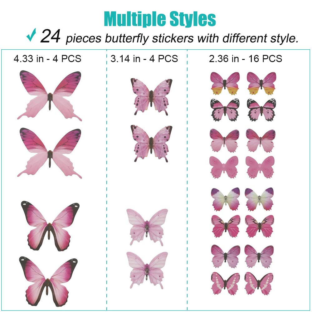 24 PCS Butterfly Wall Decals Butterflies Decor Stickers for Home Decorations Kids Room Bedroom Decor (Pink)