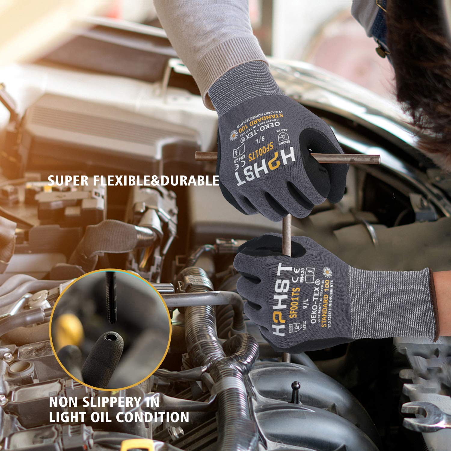 HPHST Safety Work Gloves Micro Foam Nitrile Coated,Seamless Knit Nylon Glove with Black Micro-Foam Nitrile Grip,Ideal for General Purpose,Automotive,Home Improvement,Grey Large 3 Pairs Pack