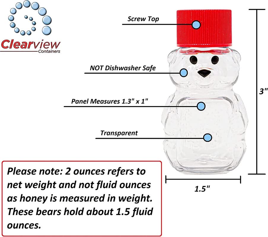 Clearview Containers | 2 Ounce Honey Bears with Screw Top Lid | Red, 24 Pack | Perfect for Holidays, Baby Shower Gifts, Beekeeping, Honey Dispensing
