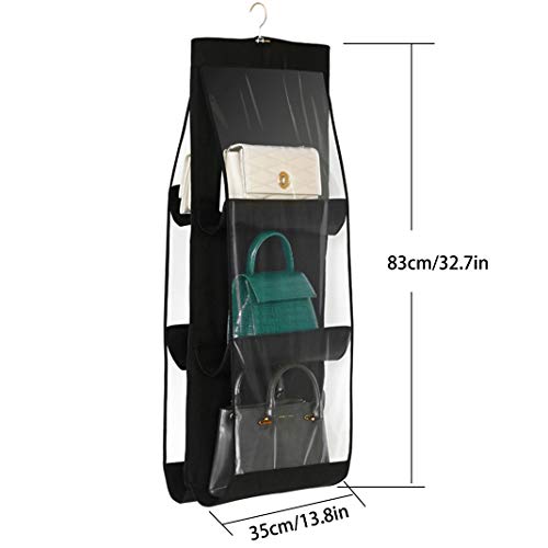 inheming Hanging Purse Handbag Organizer, Dust-Proof Space Saver Storage Holder Bag, 6 Pockets Wardrobe Closet Handbags Storage(Black)