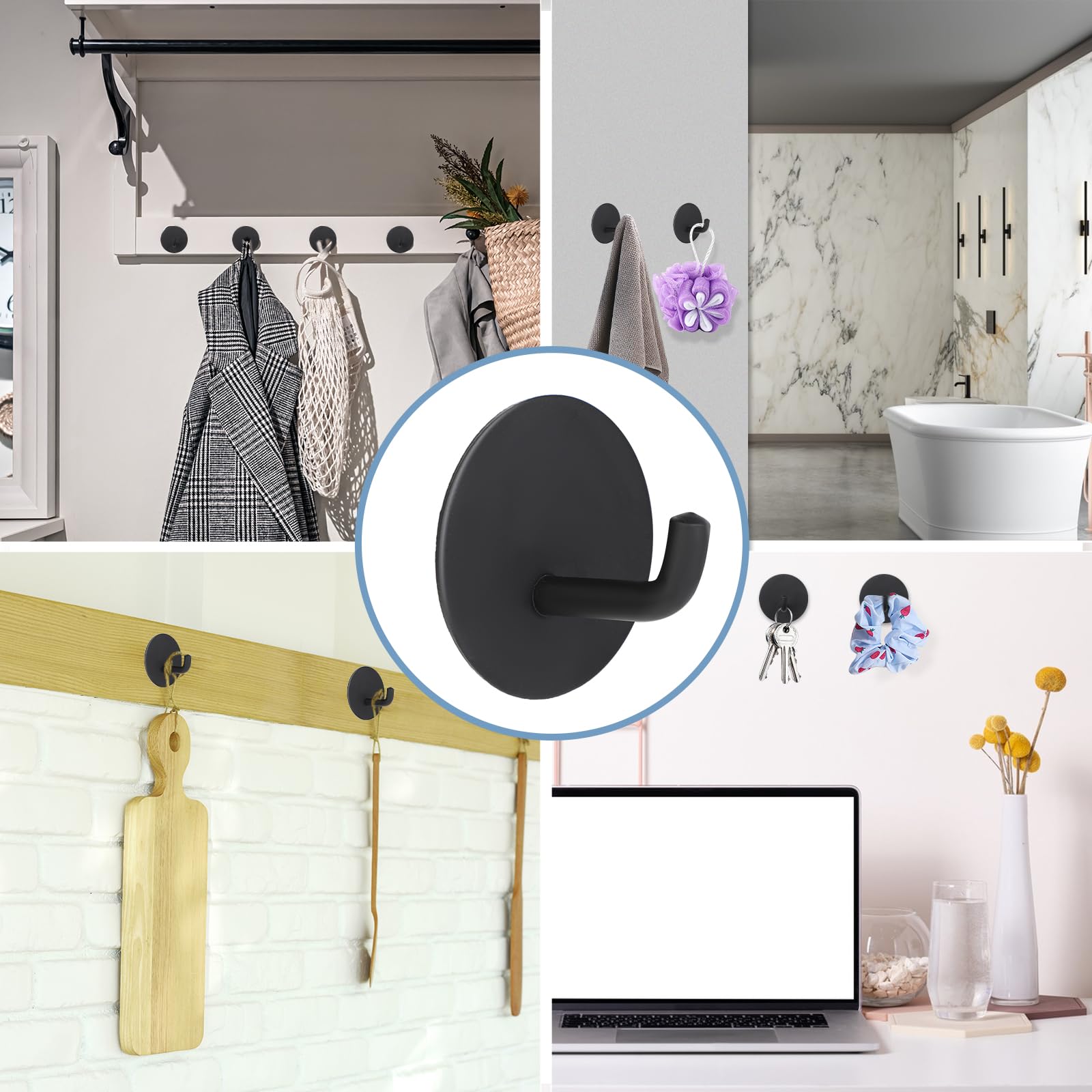 KALIONE 4 Packs Adhesive Hooks Stainless Steel Shower Hooks Wall Hooks for Hanging Black Heavy Duty Hooks Stick On Hooks, Kitchen Hooks Shower Wall Hooks for Kitchen Livingroom Bathroom