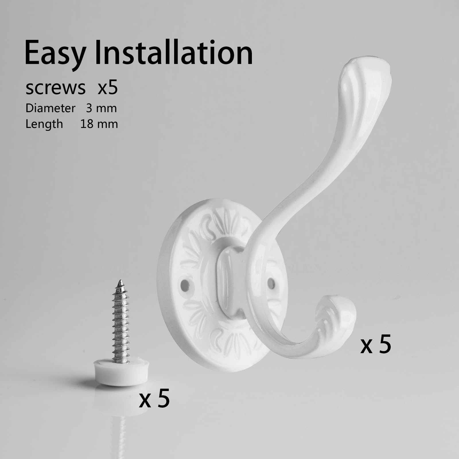 5pcs White Coat Hooks Wall Mounted Coat Hooks Farmhouse Matte Black Wall Hooks with Screws Metal White Towel Hooks for Bathrooms Entryway Hooks for Hanging Coats, Keys, Hats, Scarves, Robe, Bags