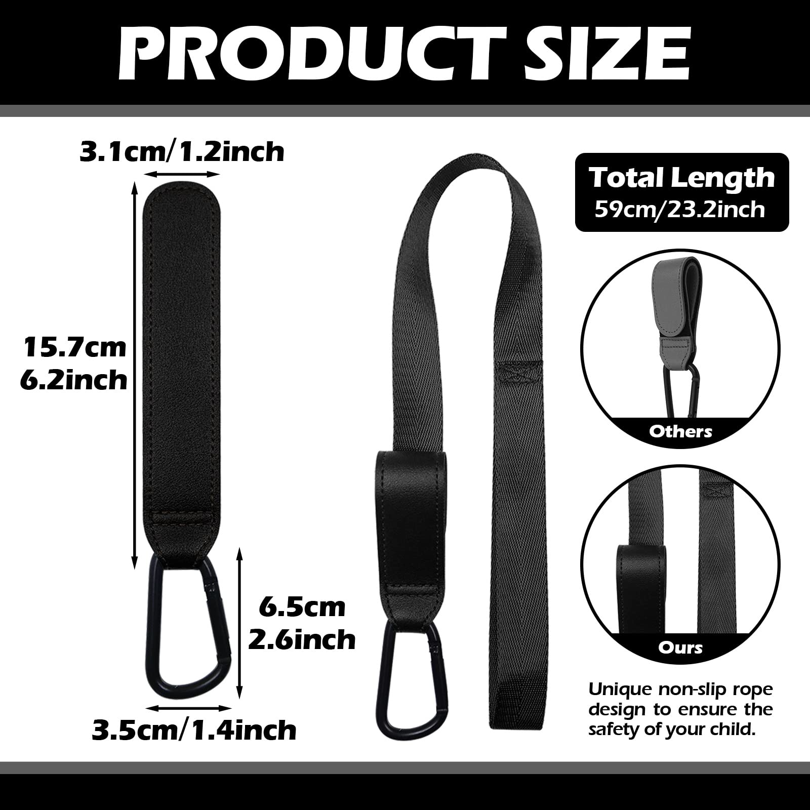 4Pcs Stroller Hooks, Heavy Duty Jogging Stroller Clips with Safety Wrist Strap, Universal Buggy Hooks, Pram Hook, Mommy Hooks for Hanging Diaper Bags and Purse (Black)