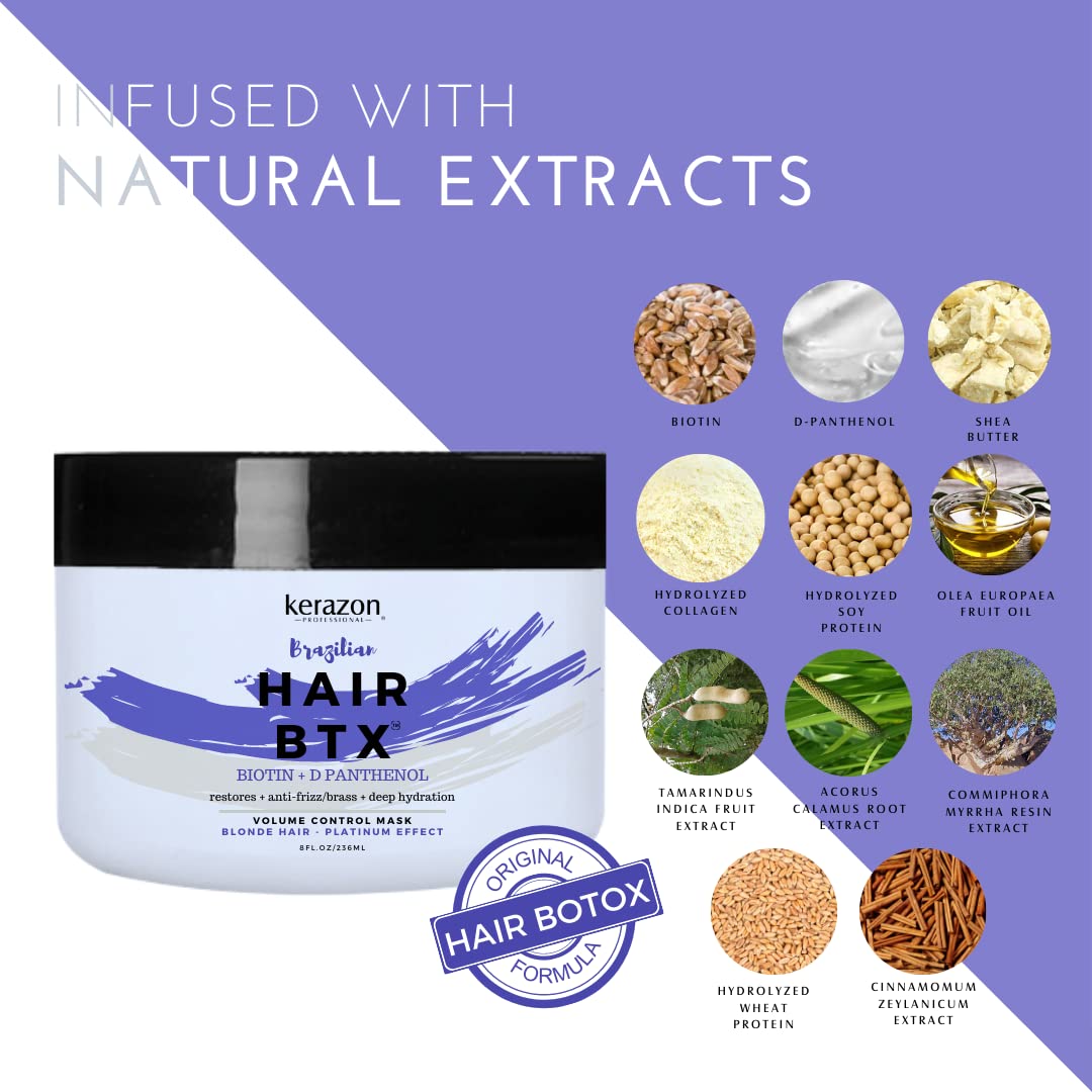 KERAZON Blonde Brazilian Hair BTX Treatment Purple Mask Platinum Effect & Silver Hair Providing Smoothing, Deep Hydration, Anti-Brass, Shine, Softness, Volume & Frizz Control