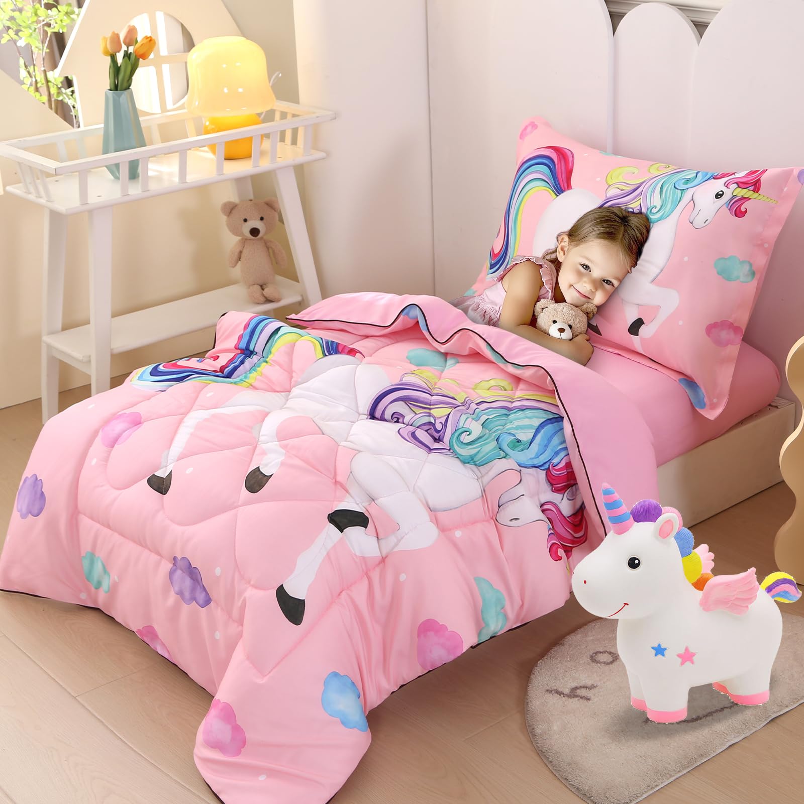 Wowelife Unicorn Toddler Bedding Set for Girls, Rainbow 4 Piece Toddler Bed Sheets Sets Pink Toddler Comforter Set Kids Bag in A Bag with Comforter, Flat Sheet, Fitted Sheet and Pillowcase, Pink