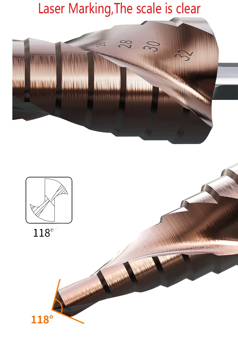 Chiloskit M35 Cobalt Spiral Grooved Industrial Unibit Step Drill Bits Stainless Steel Metal Woodworking Hole Drilling Tool Bit, Set of 5