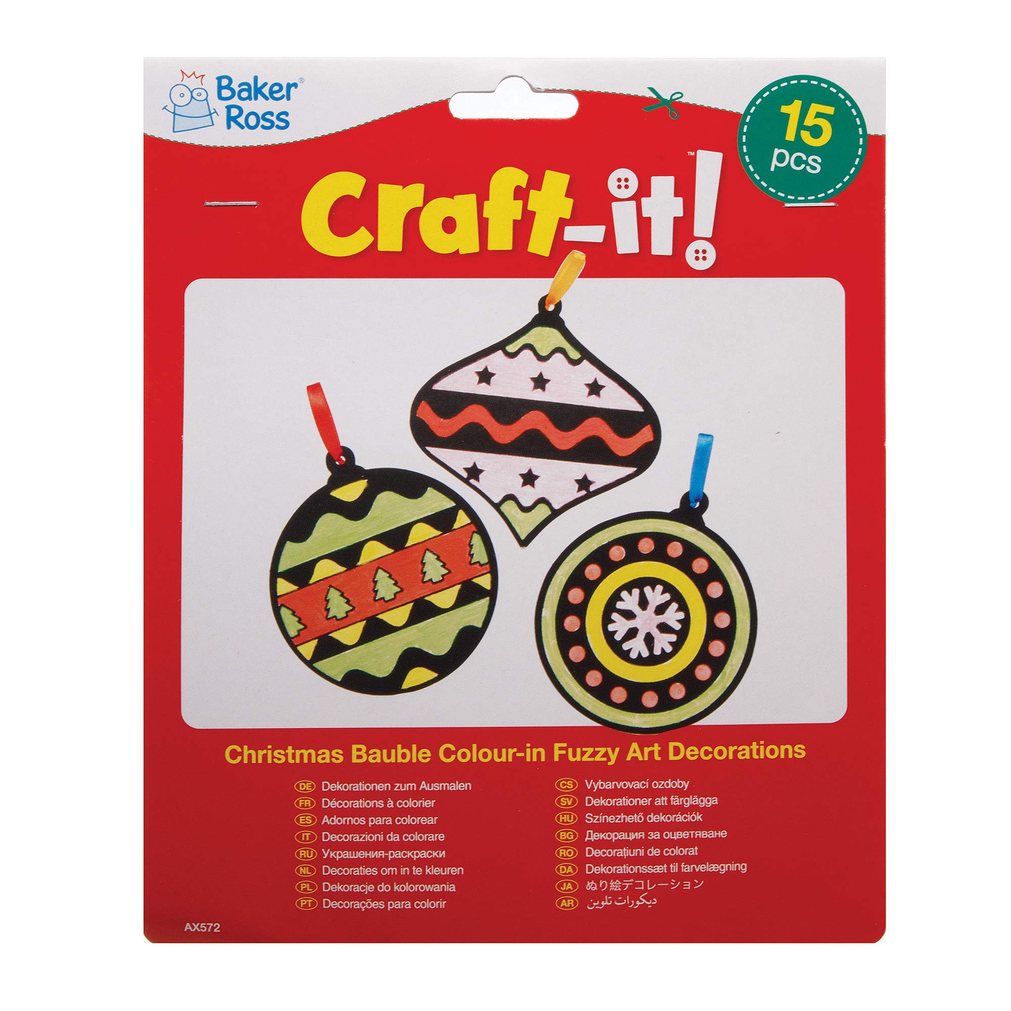 Baker Ross AX572 Christmas Fuzzy Art Ornament - Pack of 15, Festive Tree Ornaments for Creative Art and Craft Activities to Paint and Decorate