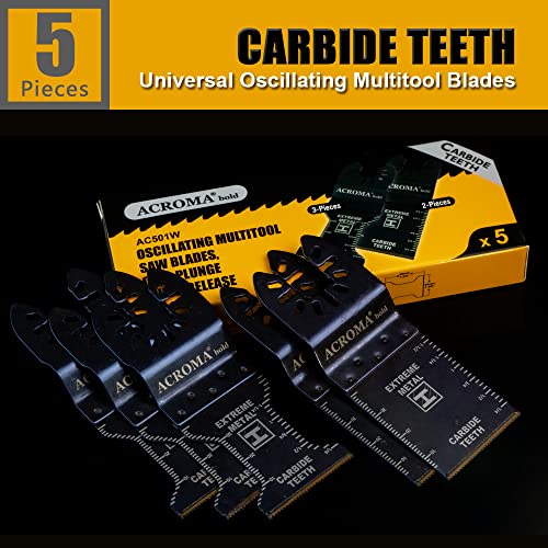 Acroma 5-Piece Carbide Tooth Oscillating Multitool Blades, Superb 0.04” (1.0mm) Thickness, Built for Hardened Materials - Thick Metal, Stainless Steel etc. BMT50005