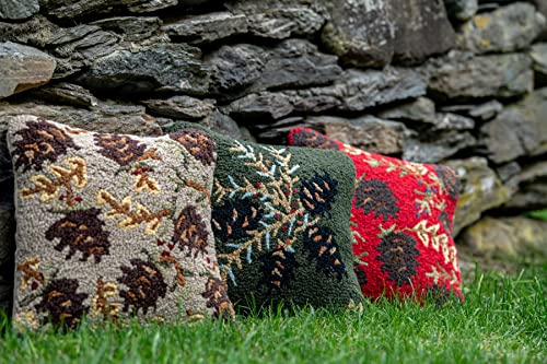 Chandler 4 Corners Artist-Designed Northwoods Cones Hand-Hooked Wool Decorative Throw Pillow (18” x 18”) Lake & Lodge Pillow for Couches & Beds - Easy Care & Low Maintenance - Square Cabin Pillow