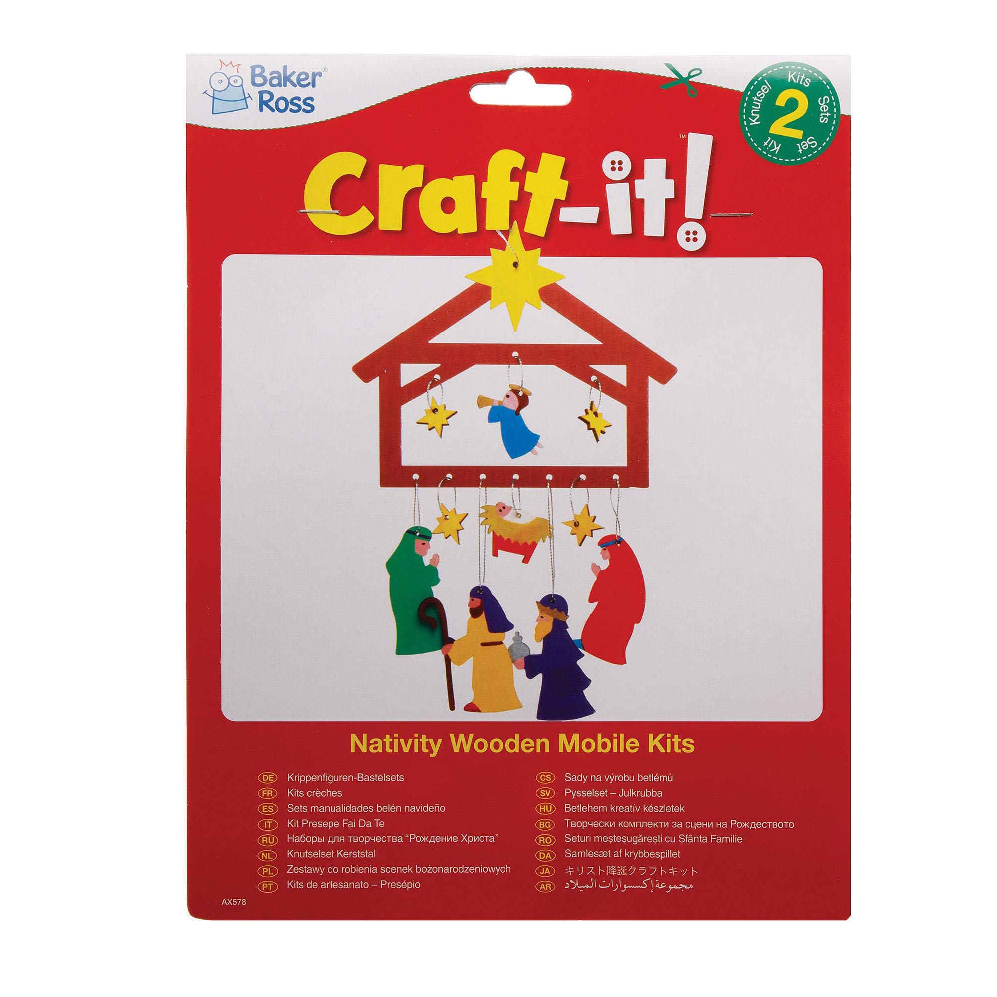 Baker Ross AX578 Nativity Wooden Mobile Kits - Pack of 2, Christmas Decorations for Kids to Decorate and Display, Ideal Kids Arts and Crafts Project