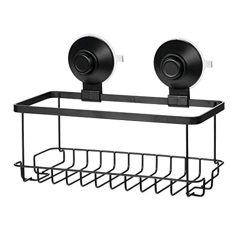iDesign Everett Metal Push Lock Suction Shower Caddy, Extra Space for Shampoo, Conditioner, and Soap with Hooks for Razors, Towels, Loofahs, and More, 9.1" x 4.53" x 3.63", Matte Black