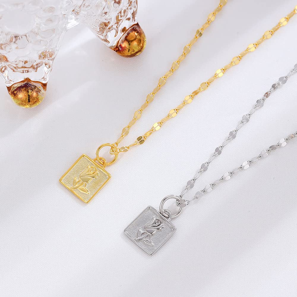925 Sterling Silver Dainty Dog Tag Pendant Necklace Rose Flower Embossed Flora Jewelry for Women (Gold)