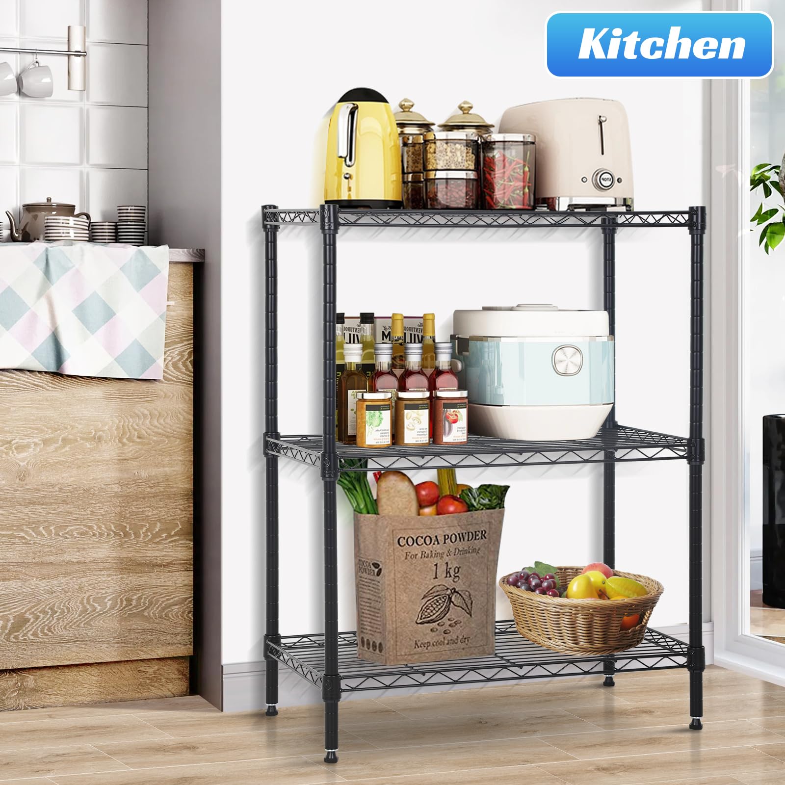 3 Tier Steel Wire Shelving,Adjustable Utility Metal Shelves for Storage,Storage Shelves Heavy Duty with Leveling Feet for Kitchen,Garage,Pantry,Clothset,100ps Per Shelf,Black,(23 x 13.2 x 30.2 inches)