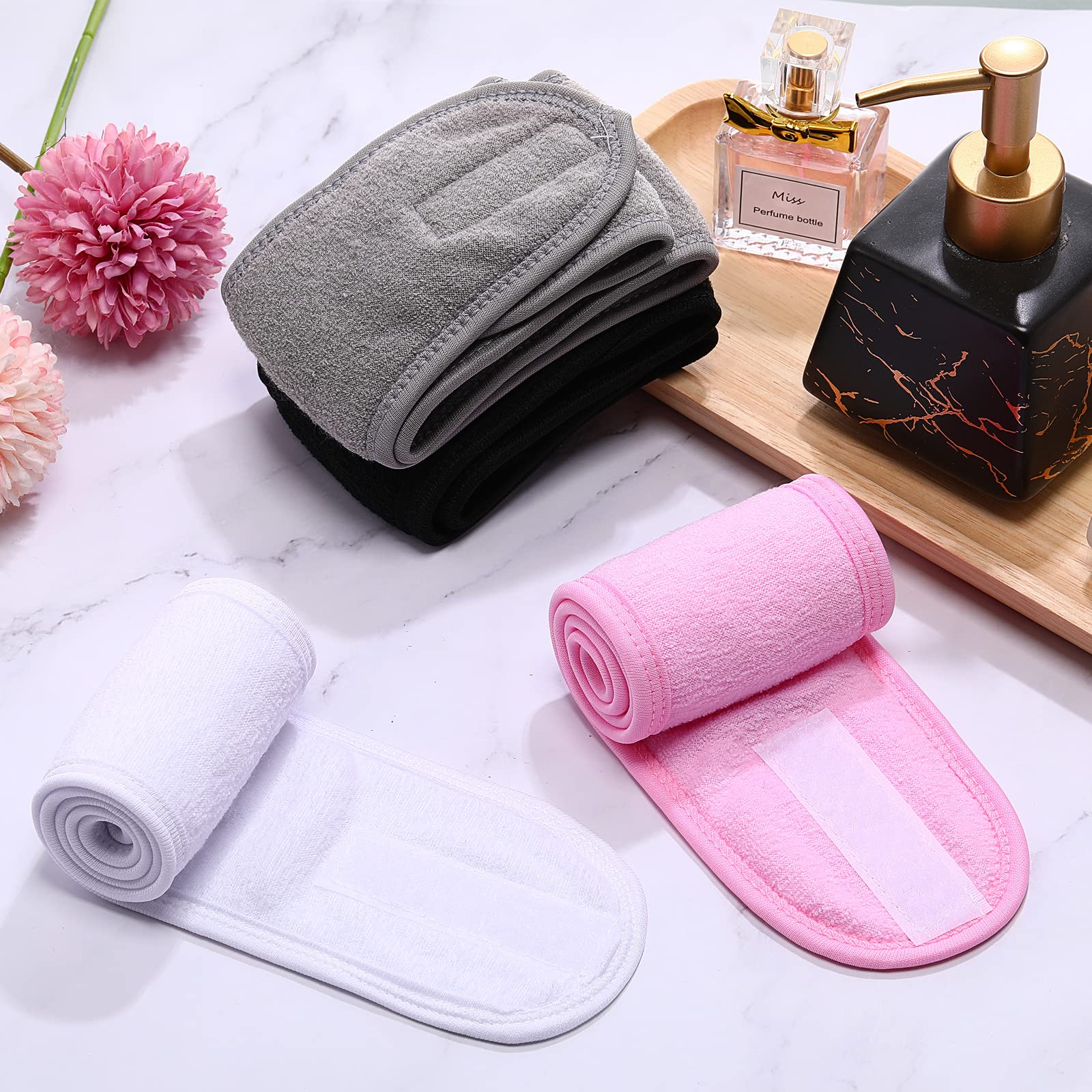 24 Pcs Spa Headband Bulk Makeup Facial Headband for Washing Face, Terry Cloth Headband Head Wraps for Facials, Adjustable Stretch Towel with Hook and Loop Non Slip, White, Pink, Grey, Black