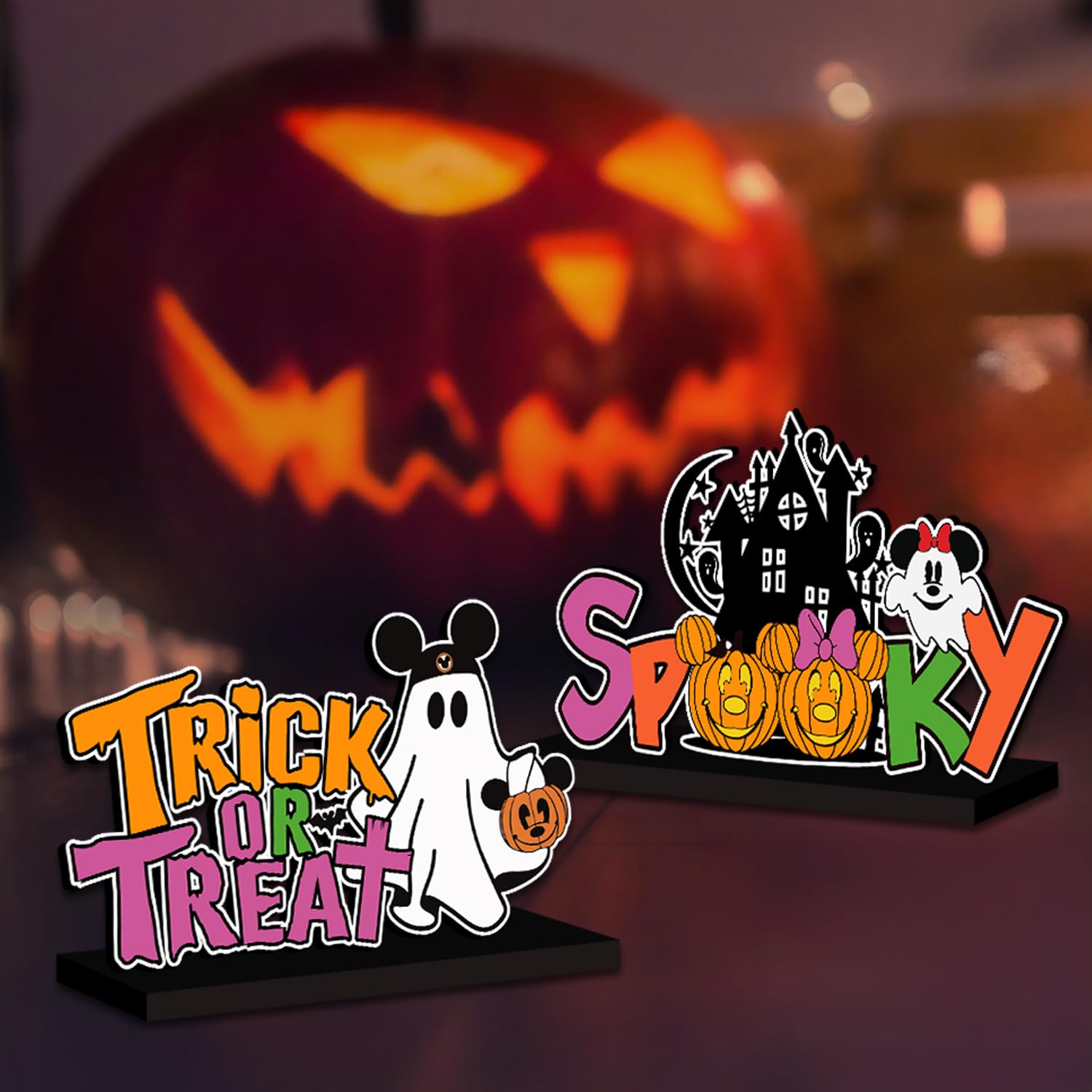 4Pcs Mouse Halloween Decorations Wooden Table Centerpieces, Happy Halloween Table Decorations Halloween Mouse Theme Tiered Tray Decor for Halloween Party Decorations