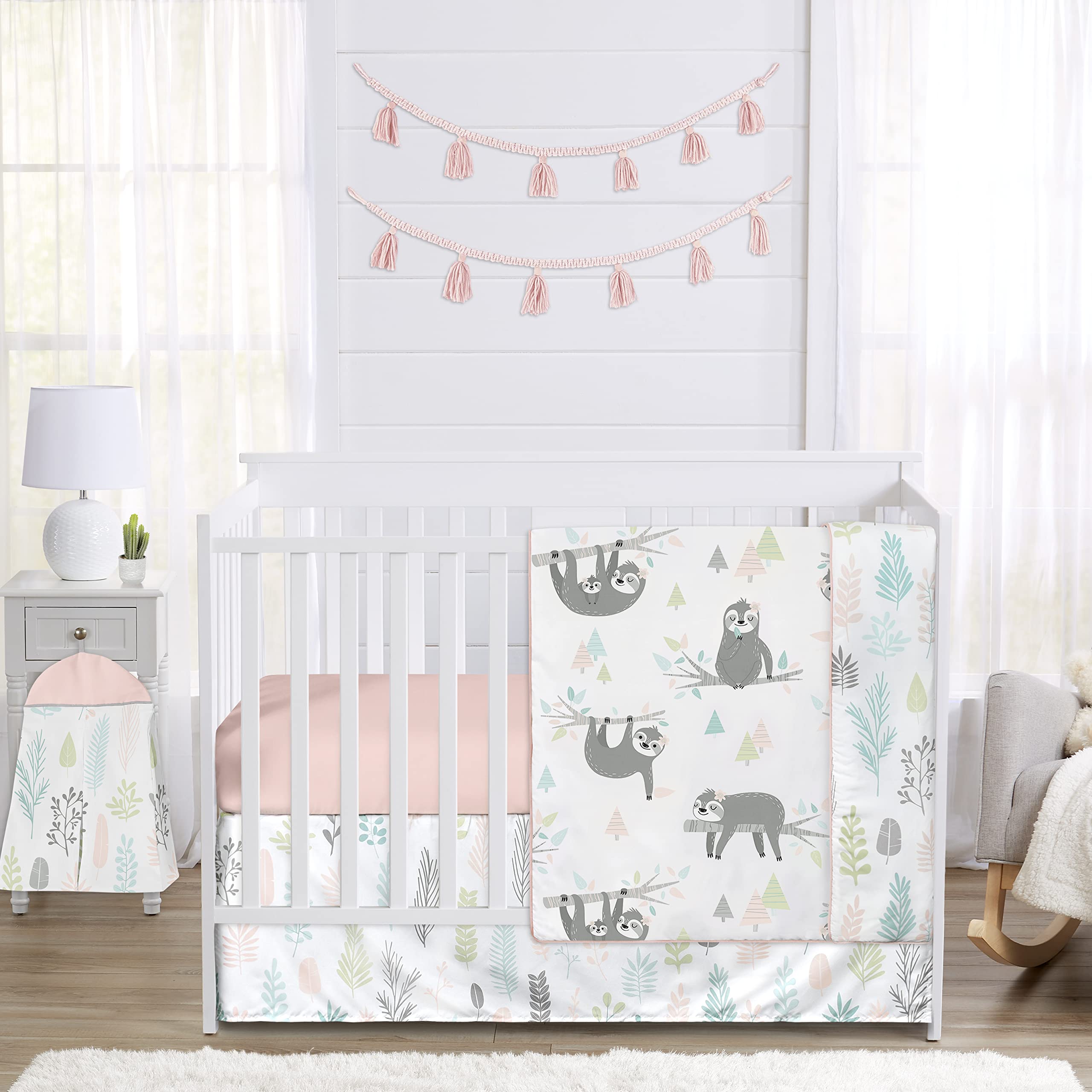 Sweet Jojo Designs Pink and Grey Jungle Sloth Leaf Baby Girl Nursery Crib Bedding Set - 4 pieces - Blush, Turquoise, Gray and Green Tropical Botanical Rainforest
