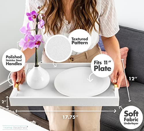 Modern Elegant 18"x12" Rectangle White Glossy Shagreen Decorative Ottoman Coffee Table Perfume Living Room Kitchen Serving Tray with Gold Polished Metal Handles by Home Redefined for All Occasion's