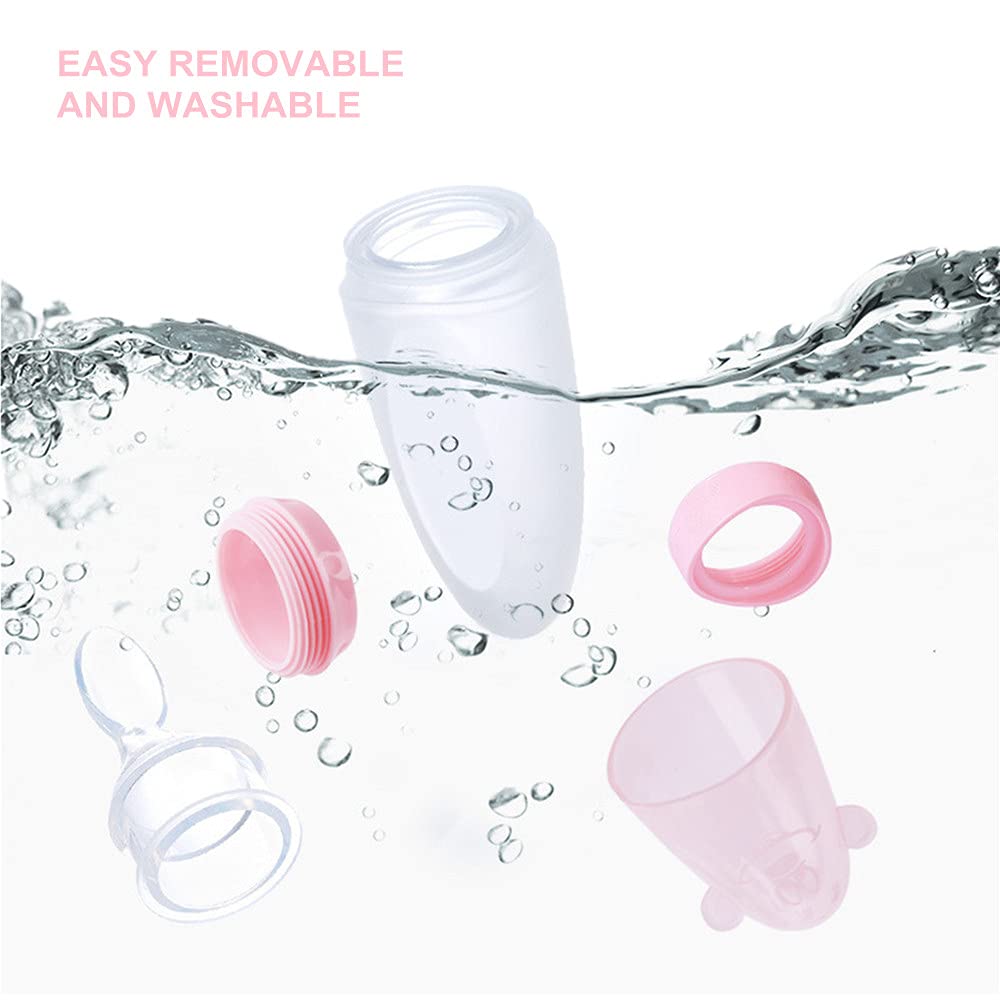 Gaodear Baby Food Feeder,Cartoon Silicone Squeeze Feeding Bottle with Dispenser Spoon for Babies Infant (Pink, 3oz/90ml)