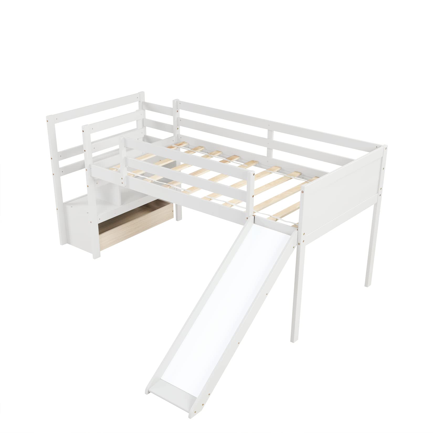 Low Loft Bed with Slide and Stairs Twin Loft Bed with Storage Wood Bed Frame for Kids Teens Girls Boys, White