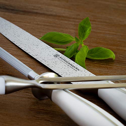 Kurschmann CLEARANCE 3-Piece Arctic White Carving Set for Cutting Meat, Includes German Stainless Steel Knife, Fork, and Honing Rod, with Modern, Rivetless Handles in Gift Box