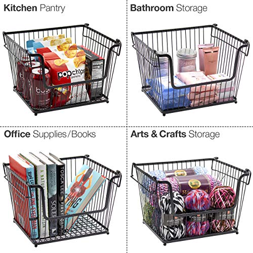 Sorbus Wire Metal Basket Bin, Stackable Storage Baskets, Cubby Bins for Food, Kitchen, Home, Pantry Snack, Vegetable, Potato, Onion, Laundry Room, Office, Farmhouse, Iron Metal (3-Pack, Black)