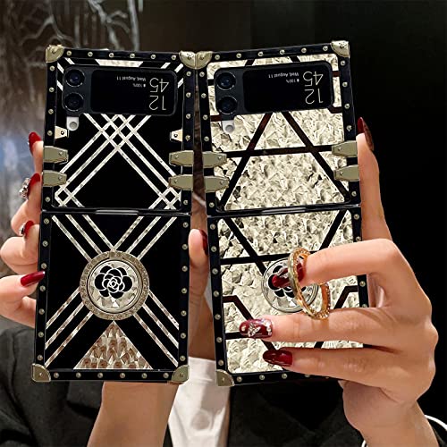 CCSmall Square Phone Case for Samsung Galaxy Z Flip3 with Ring Kickstand for Women Girly, Cute Elegant Metal Decoration Corner Soft TPU Case Cover for Samsung Galaxy Z Flip 3 BF Plaid Gold