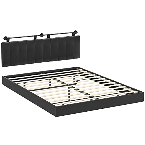 Hasuit Queen Floating Bed Frame with Led Light, Modern Inspired Queen Size Bed Platform, Vegan Leather Upholstered Wall Mounted Headboard, No Box Spring Needed, Noise Free, Easy Assembly