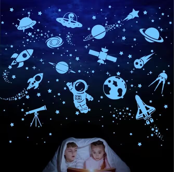 Glow in The Dark Stars Space Wall Decals Ceiling Stars Glow in The Dark Astronaut Universe Galaxy Planet Wall Stickers Glowing Stars for Bedroom Living Room Decor Christmas Gift Stocking Stuffers