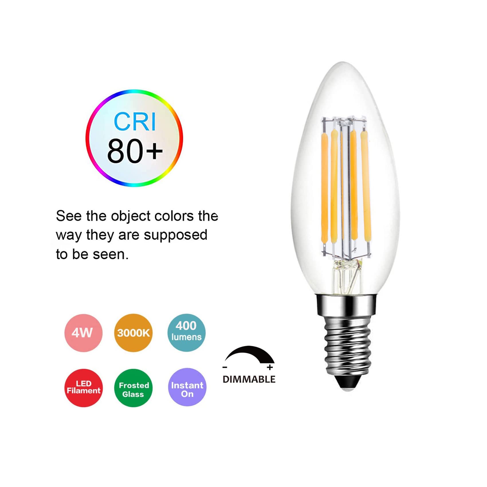 E14 LED Bulb Dimmable 40W Equivalent 3000K Soft White, E14 European Candelabra Base Light Bulbs, Clear Glass Torpedo Shape, 6 Pack