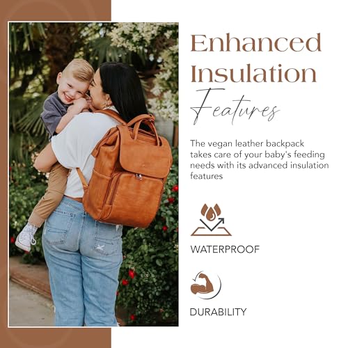 Citi Collective Explorer Brown Diaper Bag Backpack - Vegan Leather Diaper Bag with Shoulder Strap, Insulated Bottle Pockets, Changing Pad, Stroller Clip- Versatile Diaper Bag for Baby