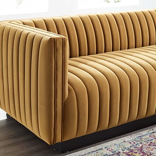 Modway Conjure Channel Tufted Upholstered Performance Velvet Sofa in Cognac