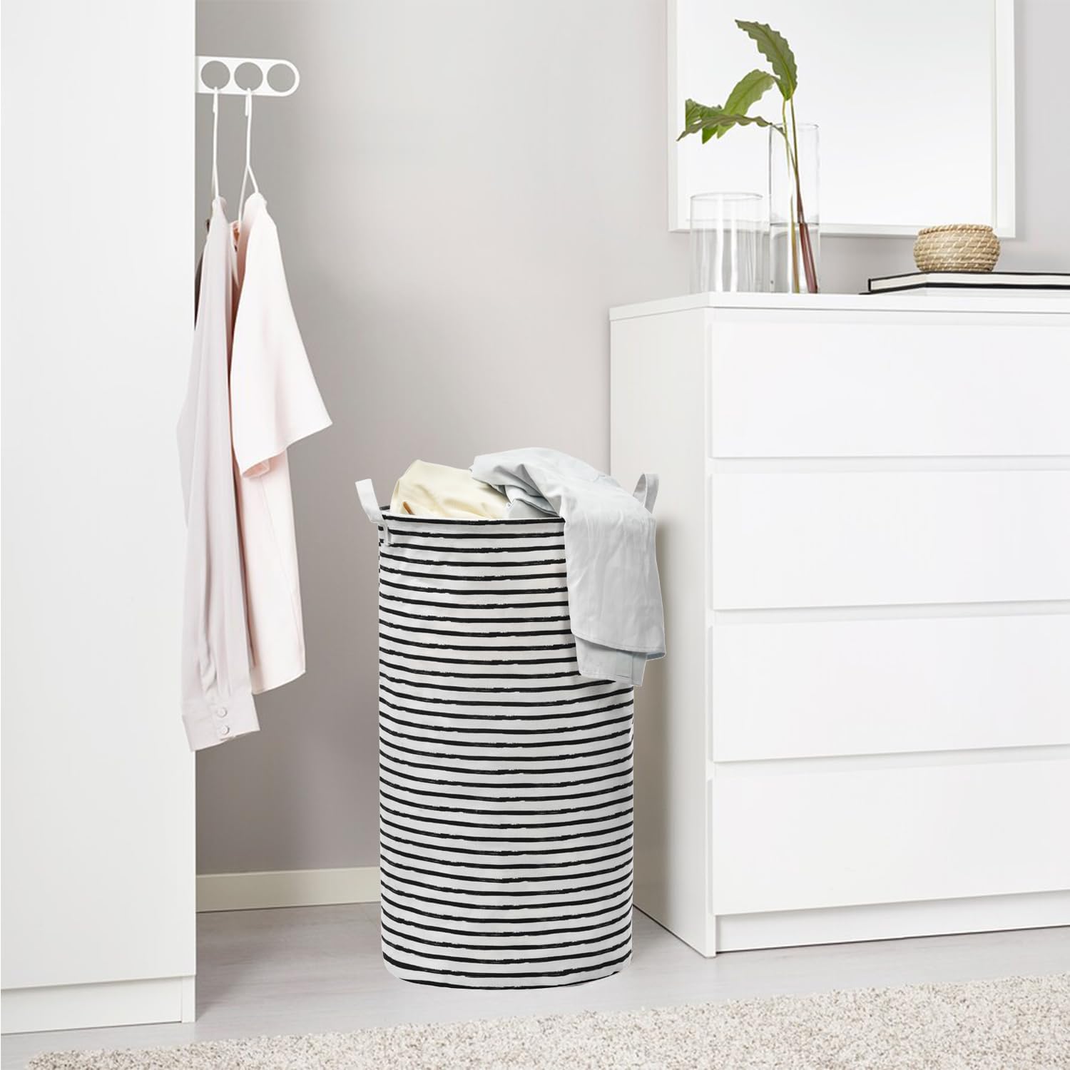 Haundry Thickened Tall Laundry Basket with Handle, Large Collapsible Round Laundry Hamper Bin Laundry Bag for Clothes Storage (Grey Stripe)